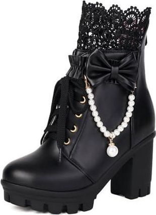 Generic Bottines Lolita pour femme avec dentelle et cha&icirc;ne de perles et noeud &agrave; talon haut avec fermeture &eacute;clair, Noir, 40.5 EU