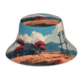 Generic Chapeau De Seau Unisexe Impression Ferme R&eacute;tro Chapeau De Soleil &Agrave; Large Bord Mode Bonnet Soleil, pour Plage, De P&ecirc;che, La Randonn&eacute;e, 56-58cm