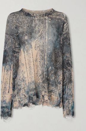 R13 Boyfriend Distressed Printed Linen Knit Sweater - Blue