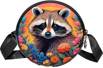 Generic Petit sac &agrave; bandouli&egrave;re circulaire pour femme, motif raton laveur avec fermeture &eacute;clair, bretelles r&eacute;glables, sac &agrave; main rond d&eacute;contract&eacute; pour femmes 