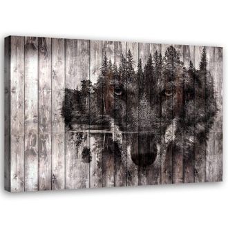 Feeby Vlies Leinwandbild Wolf Natur 120x80 cm Druckbild Wandbild Wanddekoration Deko Wand Aesthetic Holz Rustikal Grau