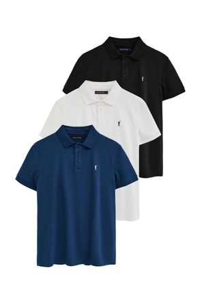 Polo Club Dreierpack Herren-Poloshirts im Slim Fit schwarz, wei&szlig; und indigoblau mit gesticktem Rigby Go Logo