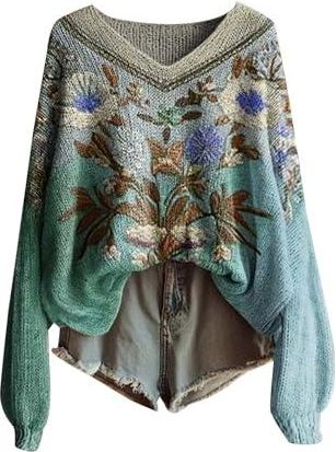 Generic Pull en tricot &agrave; manches longues et col en V pour femme - Motif floral - Style boh&egrave;me - D&eacute;contract&eacute; - R&eacute;tro - L&eacute;ger - Doux et confortable - Automne et