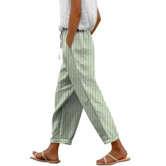 Generic Pantalon Large en Lin Femme Taille Elastique Pantalon Court en Lin &Agrave; Fleurs pour Femme Taille &Eacute;lastique Coupe Droite D&eacute;contract&eacute; pour La Plage avec La