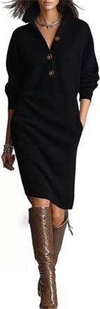 Generic Robe chandail midi &agrave; manches longues et col en V boutonn&eacute; pour femme - Robe chandail en tricot c&ocirc;tel&eacute; avec poches, Noir, XXL