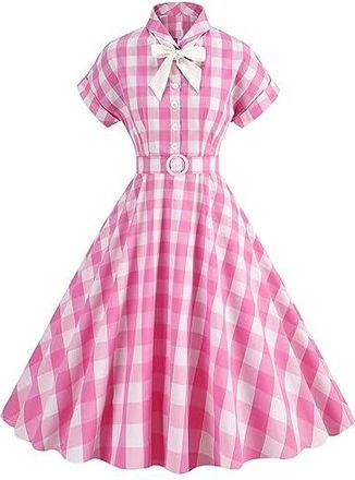 Generic Robe Longue Vintage &agrave; Carreaux Vichy Rose, Bretelles Spaghetti, Robe trap&egrave;ze r&eacute;tro pour f&ecirc;te danniversaire, Devant fronc&eacute;, Robes d&eacute;t&eacute; pour Femmes