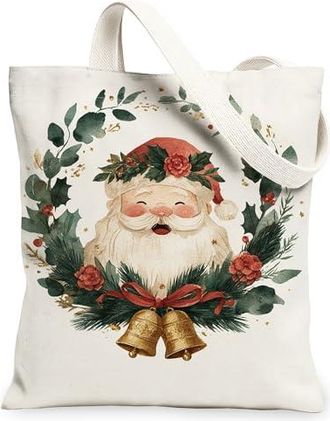 Generic Sacs fourre-tout vintage en toile avec motif de P&egrave;re No&euml;l, sacs d&eacute;picerie r&eacute;utilisables, l&eacute;gers et lavables avec bandouli&egrave;re pour le shopping de No&euml;l,
