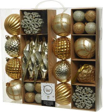 Decoris 50er Set bruchfeste Weihnachtskugeln in Gold/Champagner/Silber aus Kunststoff f&uuml;r innen und au&szlig;en