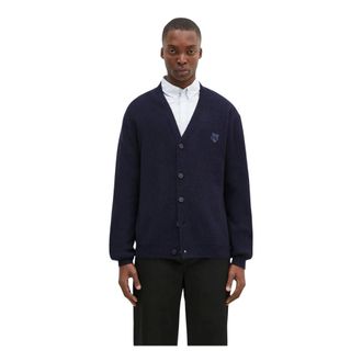 Maison Kitsun&eacute; Cardigan en maille c&ocirc;tel&eacute;e avec t&ecirc;te de renard audacieuse - Homme - Pulls - Bleu - Taille: XL
