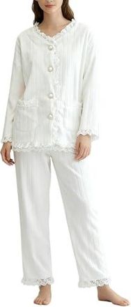 Generic Pyjama &agrave; manches longues avec dentelle pour femme - En flanelle - Doux et chaud - En polaire - Pour femme - Deux pi&egrave;ces - Avec boutonni&egrave;re - Col en V 