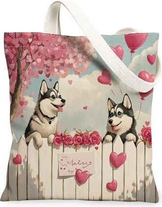 Generic Sac fourre-tout en toile r&eacute;utilisable pour la Saint-Valentin Motif papillon 33 x 38 cm, couple de ferme, chiot imprim&eacute; pour femme, animal domestique, 