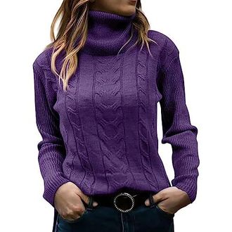 Generic Pull à col montant pour femme - Col roulé - Couleur unie - Style rétro - Manches longues - Pour intérieur et extérieur - Cadeau de Noël, violet, S