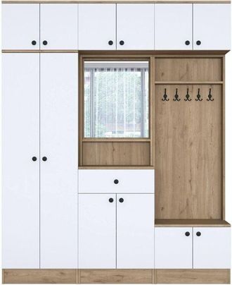 Dmora Eingangsmöbel Adonis, Moderner Eingang, Wandgarderobe, Multifunktions-Aufbewahrungskonsole, 180x38 h226 cm, Walnuss und Weiß - Dmora