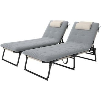 OUTSUNNY Lot de 2 transats bains de soleil pliables inclinables - t&eacute;ti&egrave;re, matelas &eacute;pais - m&eacute;tal tissu gris cr&egrave;me