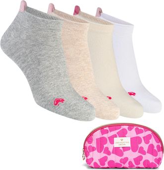 Lieblingsstück Lovely Socks - Sneaker Socken Damen - 4er Set - Baumwolle - mit Kulturtasche - Anti-Blasen Schutz - rutschfest - Herz-Motiv - kurze Strümpfe - Weiß, C