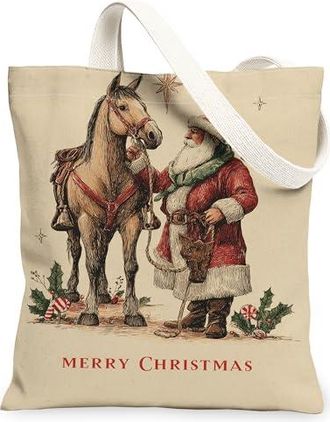Generic Sacs fourre-tout en toile vintage de No&euml;l, motif cheval de P&egrave;re No&euml;l, sacs d&eacute;picerie, sacs d&eacute;picerie r&eacute;utilisables, l&eacute;gers et lavables avec bandouli&egrave;r
