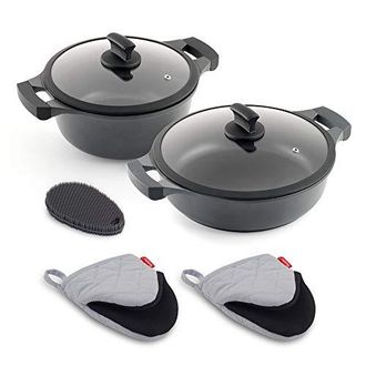 Metaltex Xpert 2-teiliges Set aus Aluminiumguss (hoher Kochtopf 24 cm und niedriger Topf 28 cm) inkl. Waschlappen und Silikonschwamm