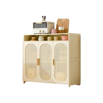 Generic Gro&szlig;z&uuml;giger Aufbewahrungsschrank, Flurschrank aus Holz, Doppelt&uuml;ren in Rattanoptik mit offenen Regalen, geeignet for Wohn- und Esszimmer(Color2,95x32x