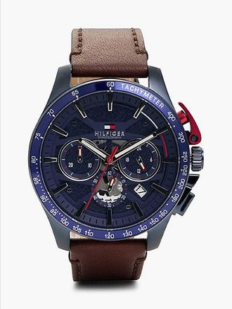 Tommy Hilfiger Chronographe &agrave; cadran bleu et bracelet en cuir marron