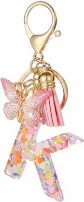 Generic Porte-cl&eacute;s en r&eacute;sine paillet&eacute;e 26 lettres avec papillon pompon porte-cl&eacute;s crochet, K, taille unique