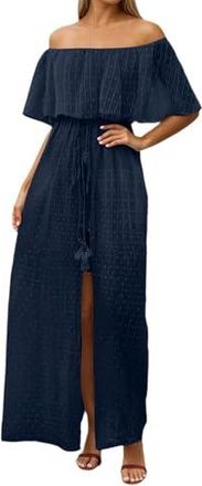 Generico Robe maxi en ligne A avec ouverture l&eacute;g&egrave;re et a&eacute;r&eacute;e Robe maxi boh&egrave;me avec ceinture Robe longue d&eacute;t&eacute; sans &eacute;paules pour femme, bleu marine, Medium