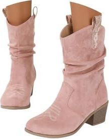 Generic Bottes de cowgirl pour femme - Bottes de cowboy à hauteur du genou - Bottes de cowboy à mollet large - En daim - À enfiler - Talon épais - Bout pointu