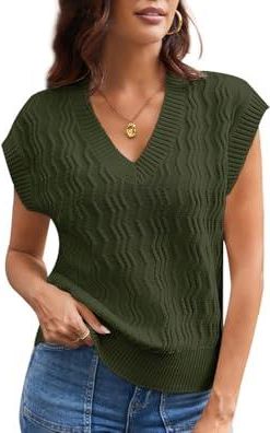 Grace Karin Pull à col en V côtelé sans manches pour femme, vert militaire, S