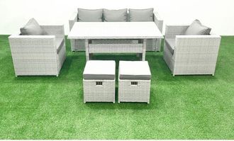 Fimous Gartenm&ouml;bel-Set aus Rattan mit Sofa Esstisch 2 Sesseln 2 kleine Fu&szlig;hockern Hellgrau gemischt - Fimous