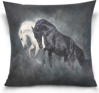 PUXUQU Kissenbezug 40x40 cm Schwarz Weiß Pferd Dekorative quadratische Kissenbezüge Kissenhülle für Couch Sofa Schlafzimmer Auto