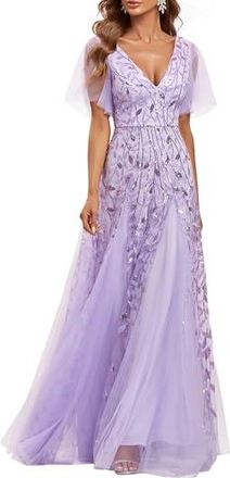 Ever-pretty Robe Cocktail Mariage Brillante Paillettes et Tulle Col V Taille Empire Femme Longue Voilet Clair 40