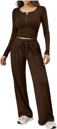 Generic Ensemble de 2 pi&egrave;ces pour femme avec haut en tricot &agrave; manches longues et pantalon long &agrave; jambe large, marron, XXL