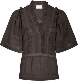 Neo Noir Femme, Blouses et Chemises, Brun, Taille: 44 FR Haut en Voile Marron avec D&eacute;tails de Ruban