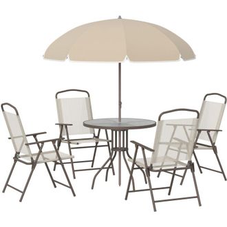 OUTSUNNY Ensemble salon de jardin 6 pcs - table ronde + 4 chaises pliables + parasol - acier &eacute;poxy caf&eacute; textil&egrave;ne polyester beige