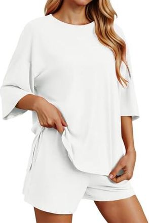 Generic Ensemble 2 pi&egrave;ces pour femme - Chemises surdimensionn&eacute;es d&eacute;contract&eacute;es d&eacute;t&eacute; 2026 avec short de motard - Tenue de voyage assortie, blanc, XXL