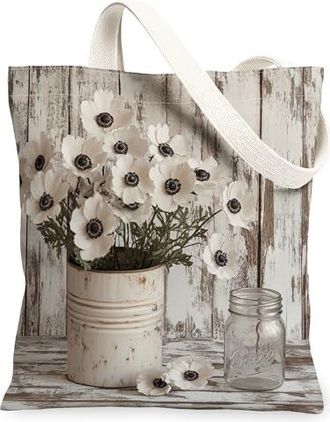 Generic Sac fourre-tout en toile r&eacute;utilisable avec motif floral de printemps et an&eacute;mones pour faire du shopping, 33 x 38,1 cm, motif floral rustique, sac d&eacute;pi