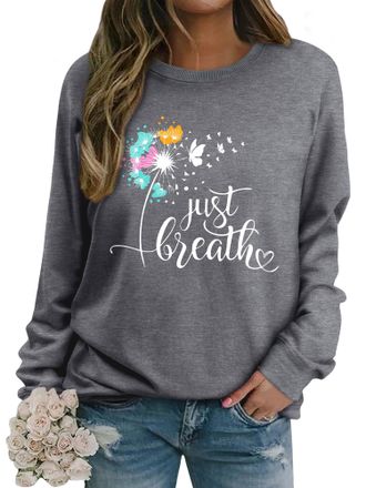 Dresswel Damen Löwenzahn Sweatshirt Langarmshirt Just Breath Pusteblume Schmetterling Drucken Pullover Herbst Winter Bluse Tops Oberteile