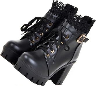 BESPORTBLE Holibanna Bottes Courtes pour Femmes &agrave; Talons &Eacute;pais Noirs Taille 41 Bottines Automne-Hiver en PU L&eacute;g&egrave;res et Confortables Chaussures &agrave; Lacets pour Usag