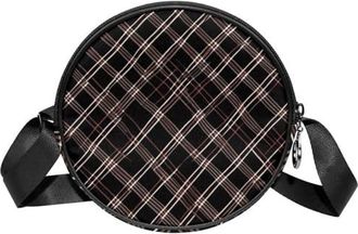 Generic Sac &agrave; bandouli&egrave;re Circle pour femme, petit sac &agrave; bandouli&egrave;re r&eacute;tro noir &agrave; motif &eacute;cossais avec fermeture &eacute;clair, bretelles r&eacute;glables, sac &agrave; main rond d