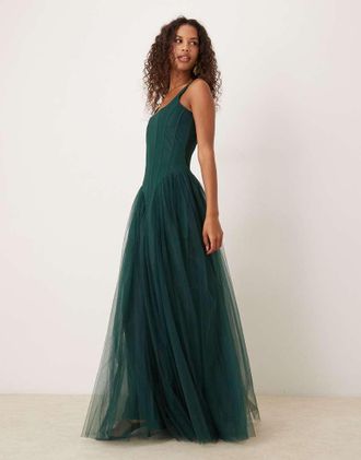 Lace & Beads Robe corset longue &agrave; ourlet tombant - Vert fonc&eacute;