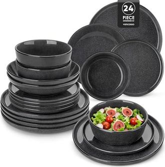 VANCASSO Série ANYA Assiettes Service de Table 24 Pièces pour 6 Personnes, Vaisselle en Grès - Glaçure Gris Double Flambé - Passe au Micro-Ondes, au Four et Au