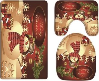 A.Monamour Badezimmer Badematte 3 Teilig Set Rote Hintergründe Niedlichen Schneemann Kiefer Weihnachten Urlaub Wc Sitzbezüge Flanell Saugfähig Badteppiche Badvor