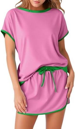 Generico Ensemble de t-shirts asym&eacute;triques &agrave; manches courtes pour femme avec &eacute;paules tombantes et shorts, ensemble d&eacute;contract&eacute; 2 pi&egrave;ces pour le quotidien, roug