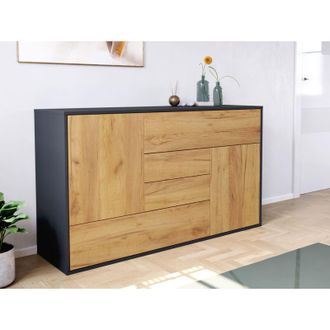 Magnolia Home Sideboard stehend Karat A 140cm 2 T&uuml;ren 4 Pushausz&uuml;ge Grafit Eiche