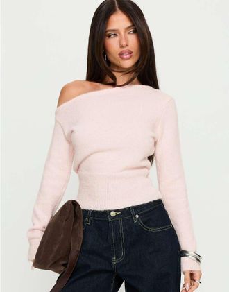 Princess Polly Seleby pull &agrave; effet laine duveteux asym&eacute;trique &agrave; &eacute;paule unique cintr&eacute; &agrave; la taille rose clair