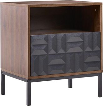Beliani Table de Chevet en MDF Pieds en M&eacute;tal avec &Eacute;tag&egrave;re et Tiroir de Rangement Motif G&eacute;om&eacute;trique Noire et Marron Fonc&eacute; Caraquet