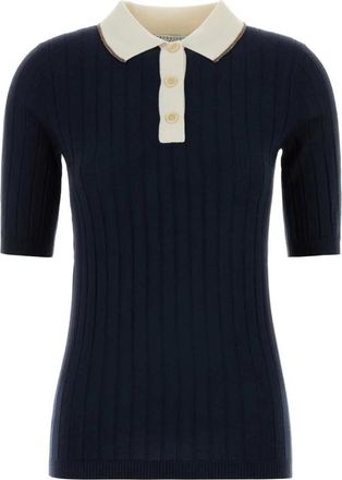 Brunello Cucinelli Femme, Tops, Bleu, Taille: 40 FR Polo Maille C&ocirc;tel&eacute;e Boutonn&eacute;e