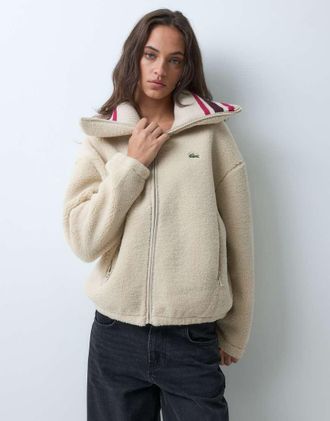 Lacoste Oversize-Fleece mit gestreiftem Strickkragen und Rei&szlig;verschluss in Beige-Neutral