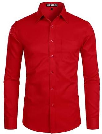 PARKLEES Chemise habill&eacute;e &agrave; manches longues pour homme, coupe ajust&eacute;e, style d&eacute;contract&eacute;, business ou formel, &agrave; boutons avec poche, Rouge, XXL