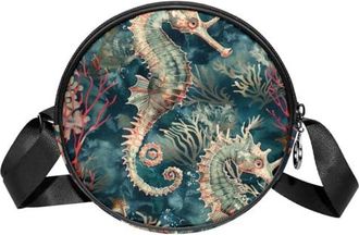 Generic Petit sac &agrave; bandouli&egrave;re rond pour femme, motif hippocampe, sac &agrave; dos &agrave; bandouli&egrave;re r&eacute;glable avec fermeture &eacute;clair, sac &agrave; main rond d&eacute;contract&eacute; pour fe