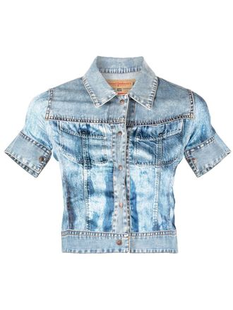 Diesel chemise crop en jean &agrave; effet d&eacute;lav&eacute; - Bleu